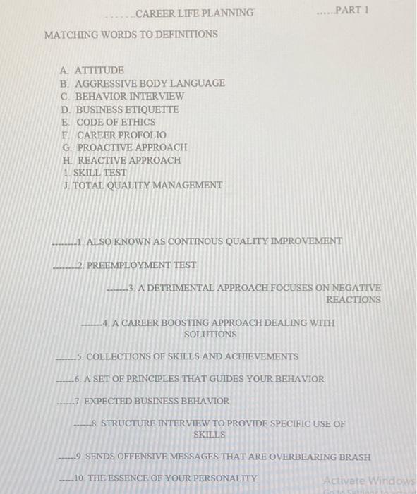 Solved CAREER LIFE PLANNING PART 1 MATCHING WORDS TO | Chegg.com