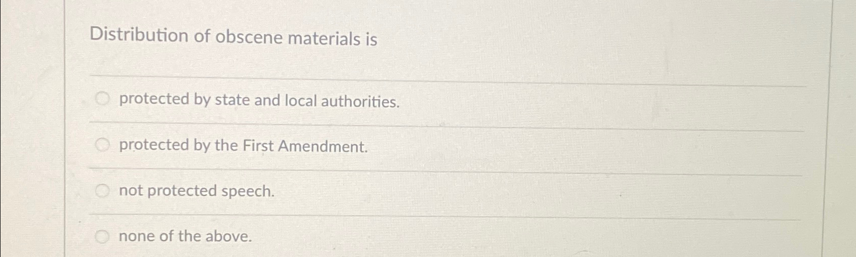 Solved Distribution of obscene materials isprotected by | Chegg.com