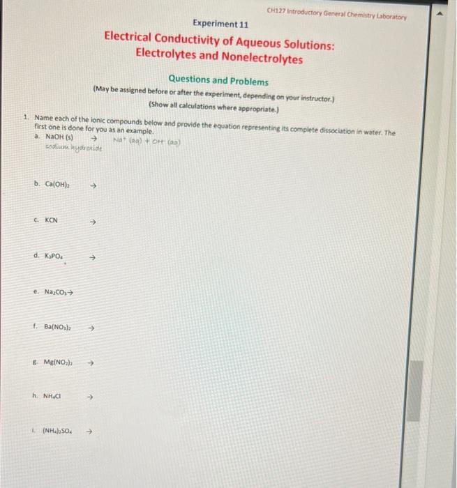 Electrical Conductivity of Aqueous Solutions: | Chegg.com