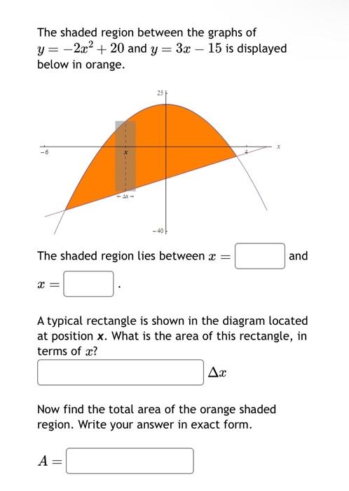 Solved The shaded region between the graphs of y=−2x2+20 and | Chegg.com