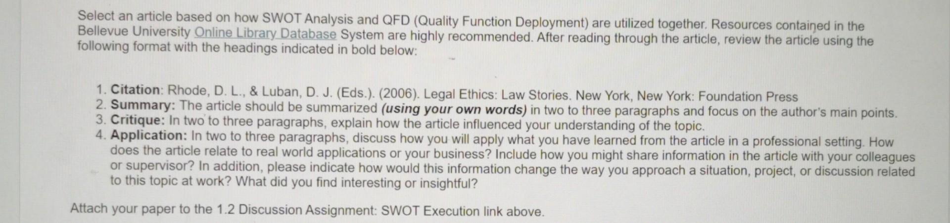 Select an article based on how SWOT Analysis and QFD | Chegg.com