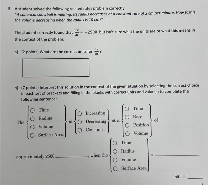 Solved 5. A student solved the following related rates | Chegg.com