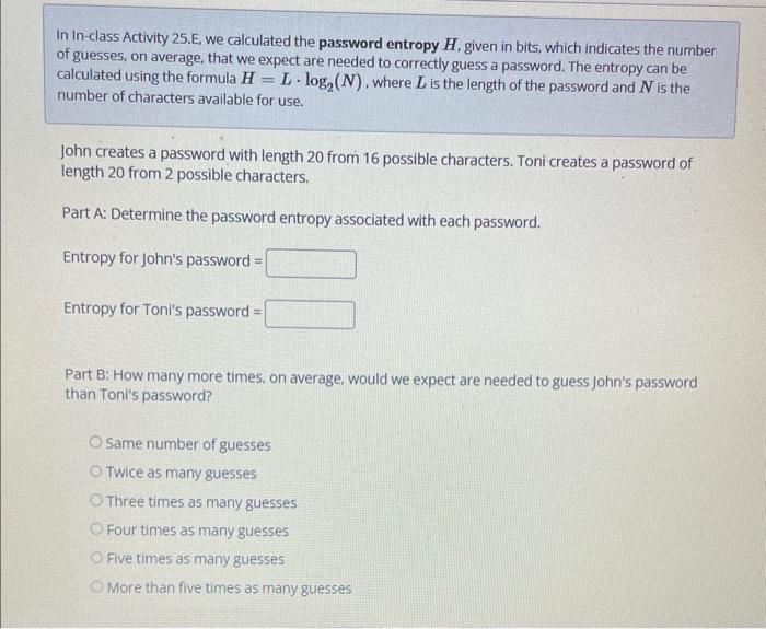 Solved In In-class Activity 25.E, we calculated the password | Chegg.com