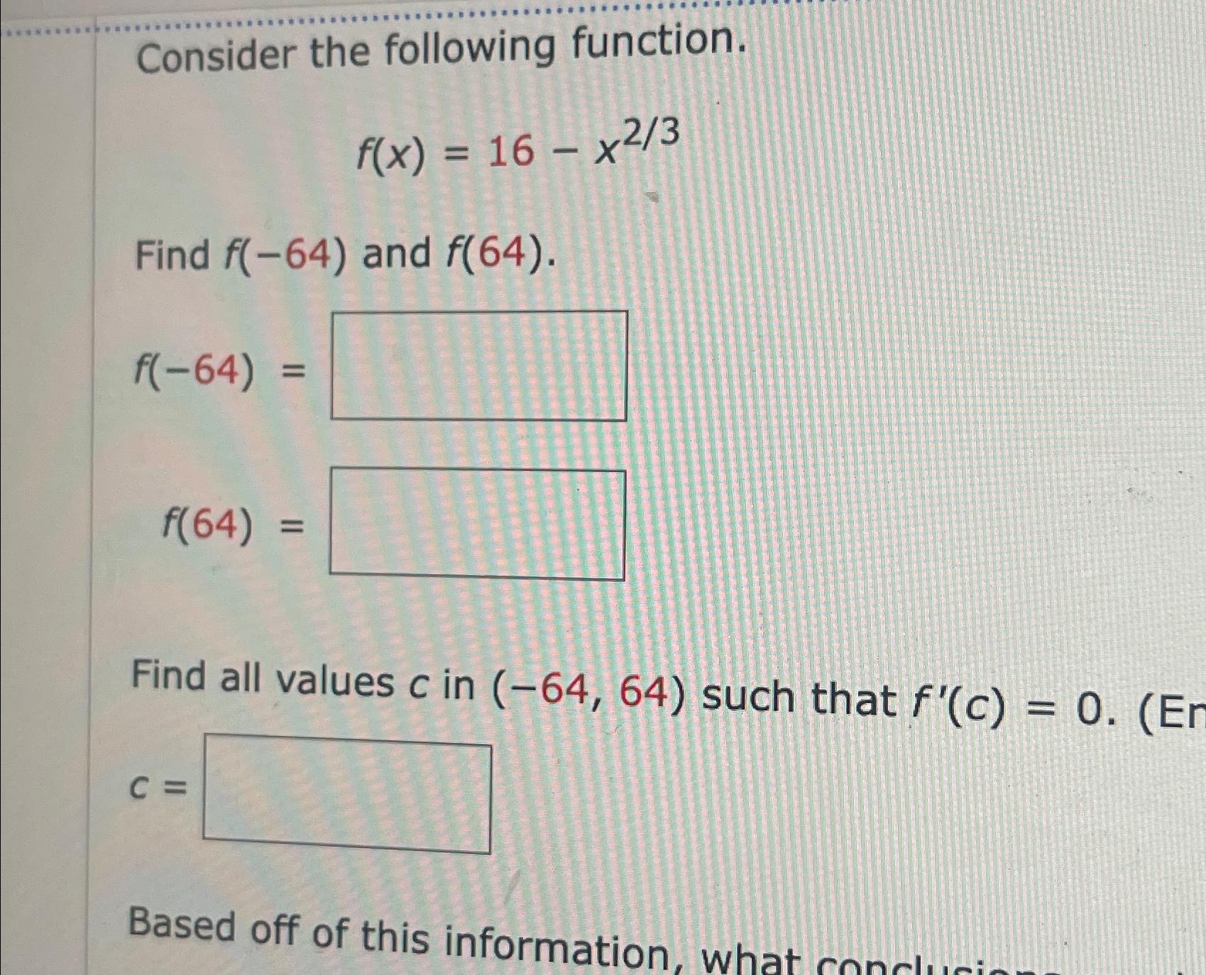 Solved Consider the following function.f(x)=16-x23Find | Chegg.com