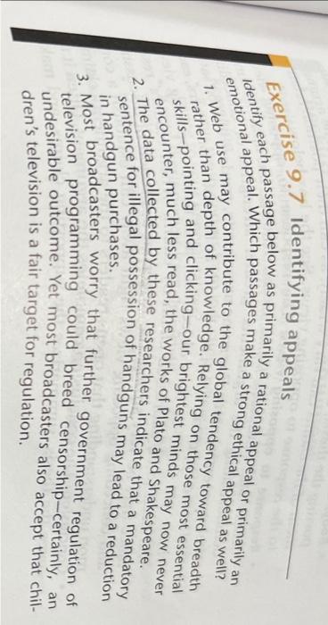 Exercise 9.7 Identifying appeals Identify each | Chegg.com