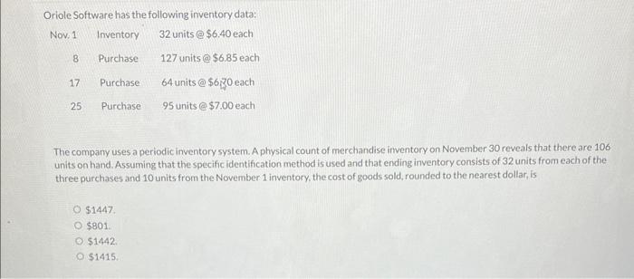 Solved Oriole Software has the following inventory data: | Chegg.com