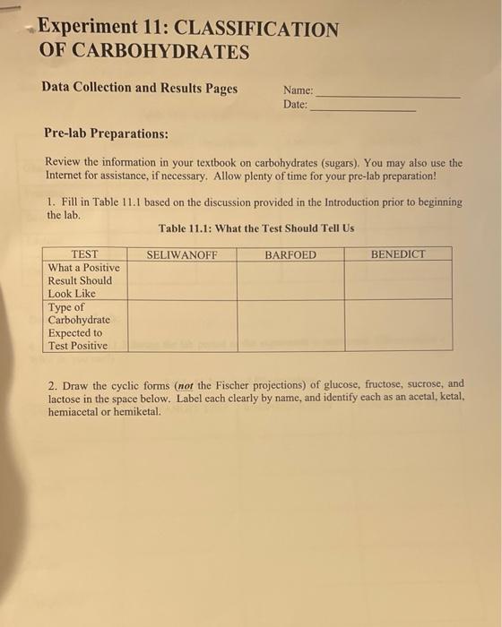 Solved Experiment 11: CLASSIFICATION OF CARBOHYDRATES Data | Chegg.com