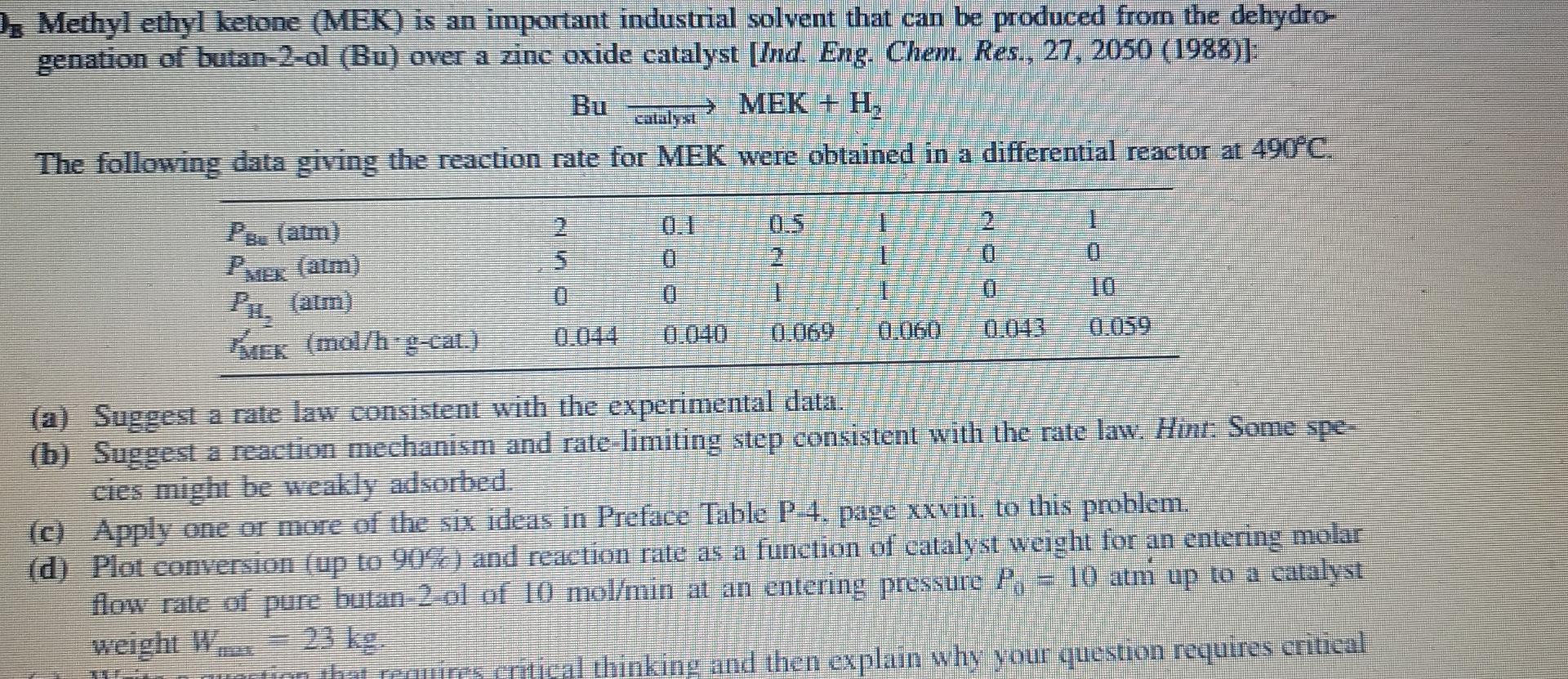 Solved Methyl ethyl ketone (MEK) is an important industrial | Chegg.com