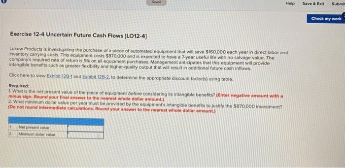 Solved Exercise 12-4 Uncertain Future Cash Flows [LO12-4] | Chegg.com