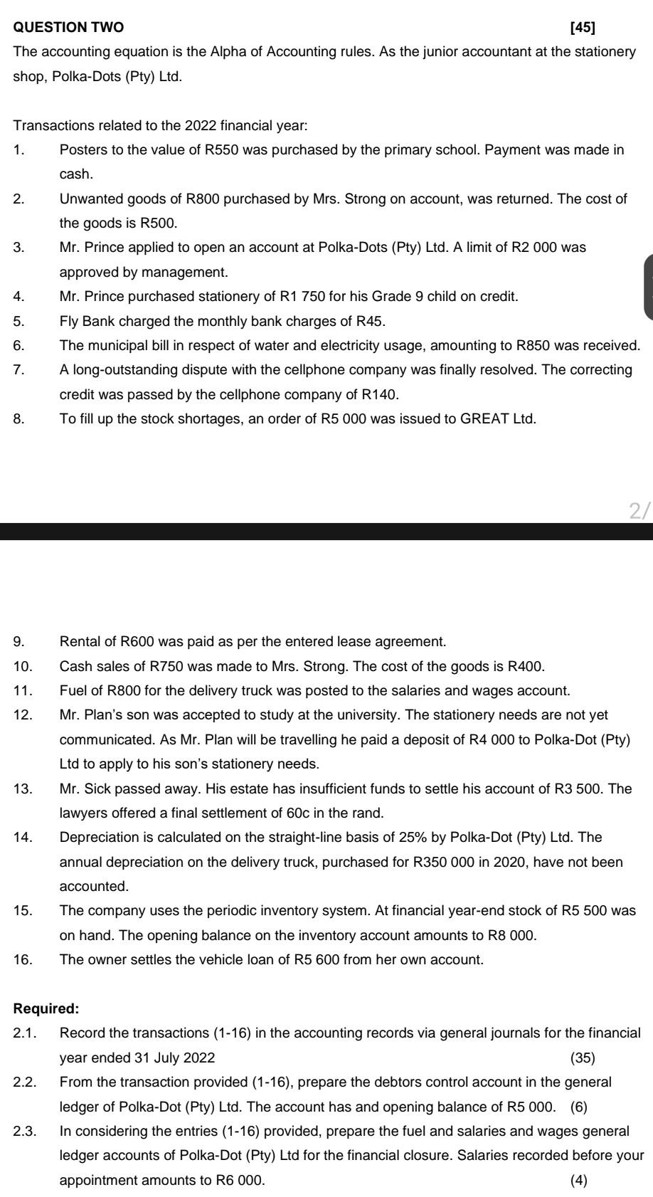 Solved QUESTION TWO [45] The accounting equation is the | Chegg.com