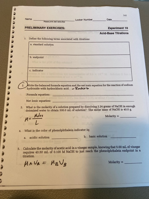 Solved Name Section Preliminary Exercise Experiment 13 | Chegg.com