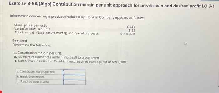 Solved Exercise 3-5A (Algo) Contribution margin per unit | Chegg.com
