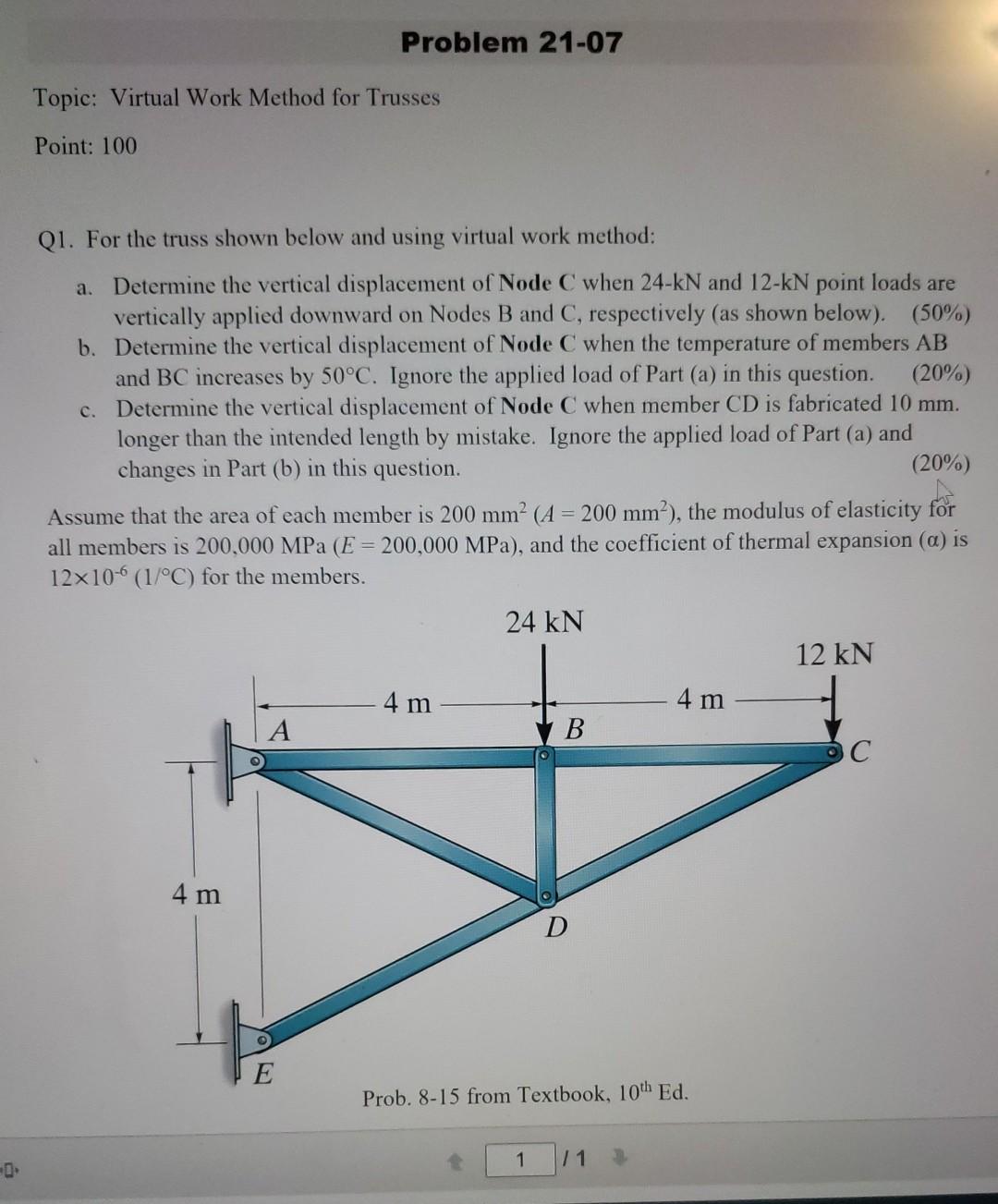 Solved Problem 21-07 Topic: Virtual Work Method for Trusses | Chegg.com