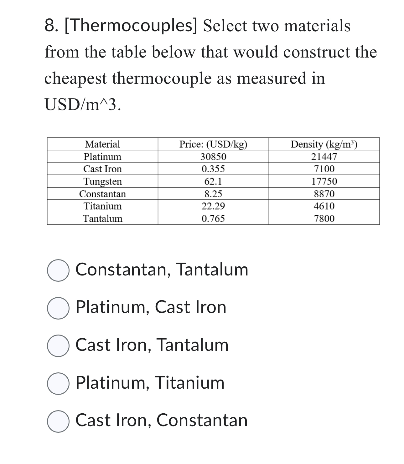 Solved [Thermocouples] ﻿Select two materials from the table | Chegg.com