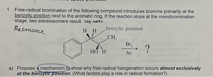 Solved 1. Free-radical bromination of the following compound | Chegg.com