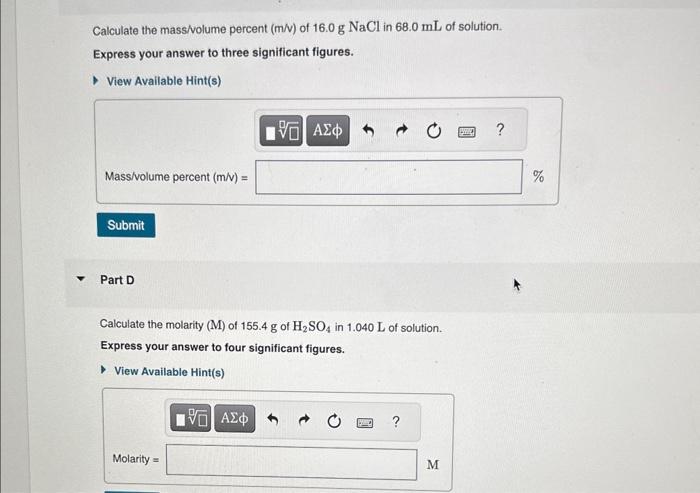 Solved Calculate the mass/volume percent (m/v) of 16.0 gNaCl | Chegg.com