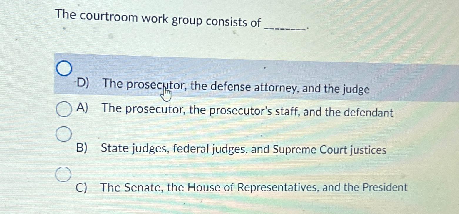 Solved The courtroom work group consists ofD) ﻿The | Chegg.com