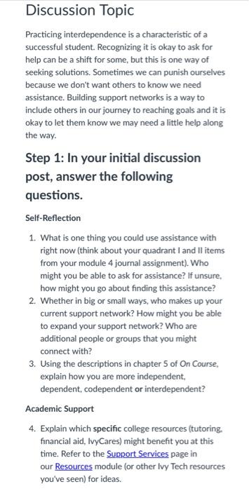 Solved Discussion Topic Practicing interdependence is a | Chegg.com