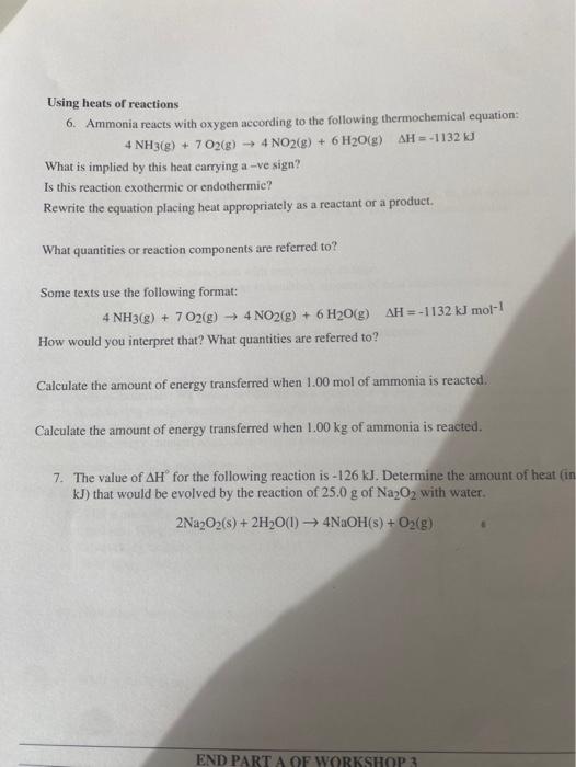 Solved Using heats of reactions 6. Ammonia reacts with | Chegg.com