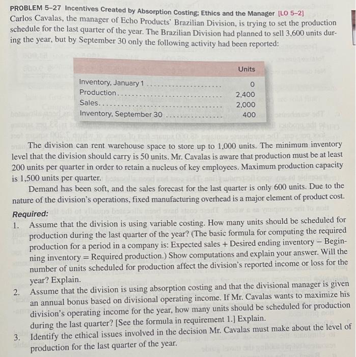 Solved PROBLEM 5-27 Incentives Created by Absorption | Chegg.com