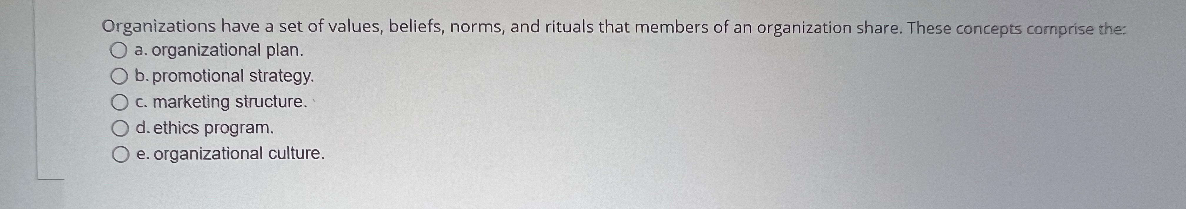 Solved Organizations have a set of values, beliefs, norms, | Chegg.com