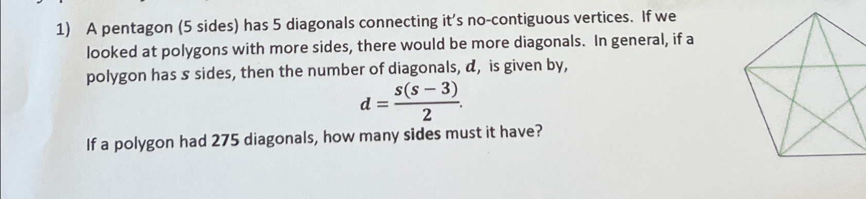 Solved A pentagon ( 5 ﻿sides) ﻿has 5 ﻿diagonals connecting | Chegg.com