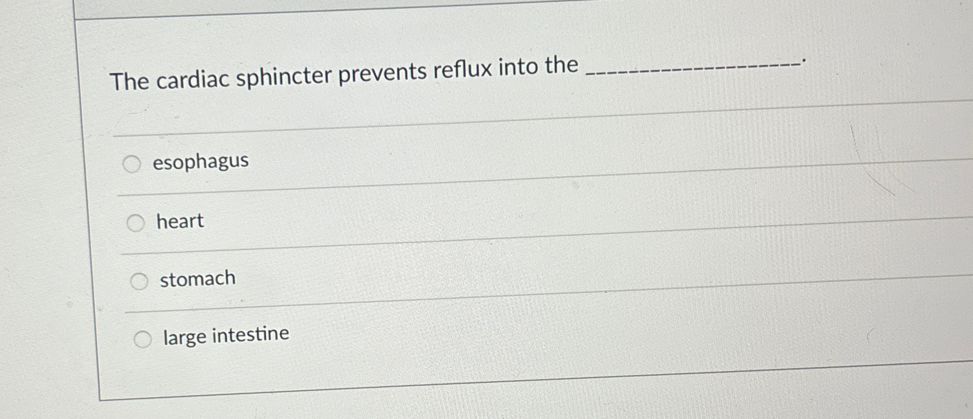 The cardiac sphincter prevents reflux into the | Chegg.com