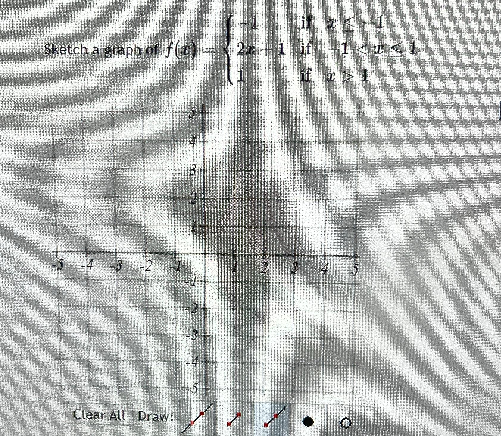 Solved Sketch a graph of f(x)={-1 if x≤-12x+1 if -11Clear | Chegg.com