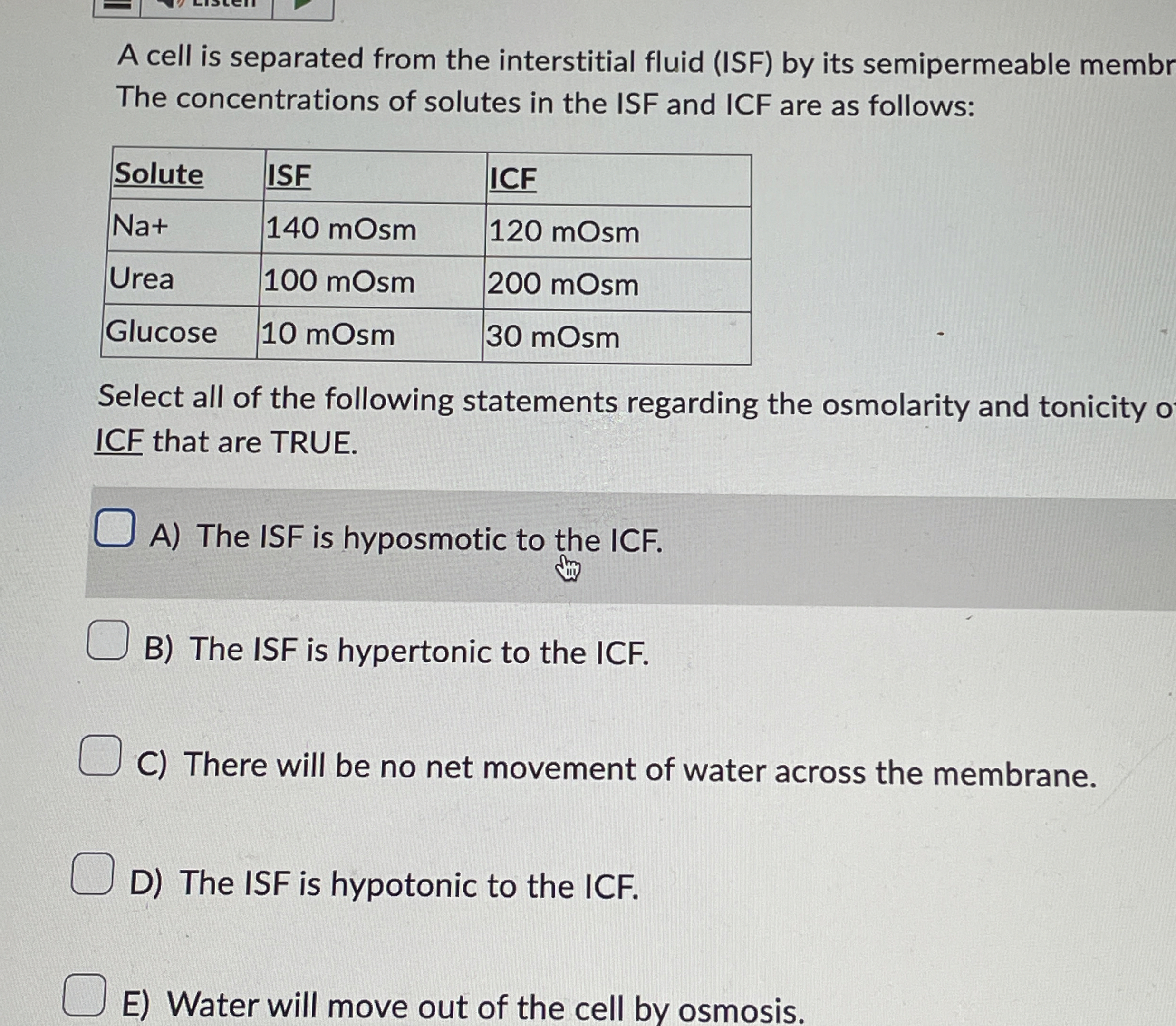 Solved A cell is separated from the interstitial fluid (ISF) | Chegg.com