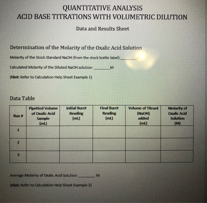 Solved QUANTITATIVE ANALYSIS ACID BASE TITRATIONS WITH | Chegg.com
