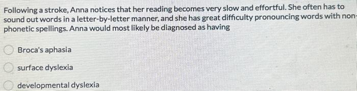 Solved Following a stroke, Anna notices that her reading | Chegg.com