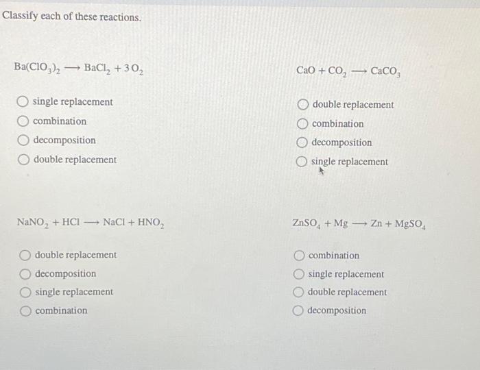 Solved Classify each of these reactions. Ba(ClO3)2 - BaCl, | Chegg.com