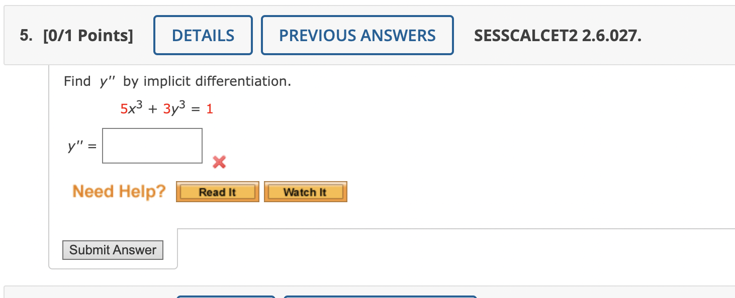Solved [0/1 ﻿Points]Find y'' ﻿by implicit | Chegg.com