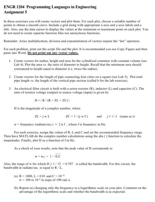 Solved ENGR 1204 Programming Languages in Engineering | Chegg.com