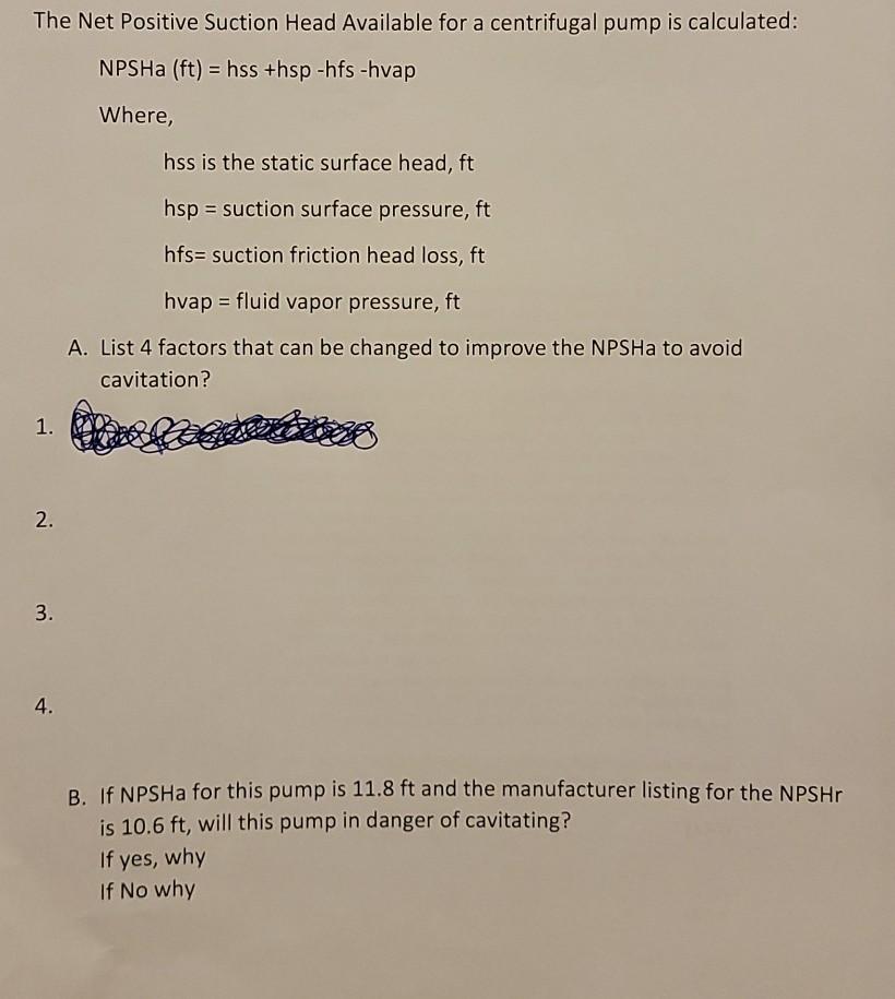 Solved The Net Positive Suction Head Available for a | Chegg.com