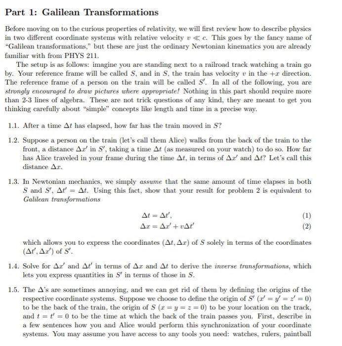 Solved Part 1: Galilean Transformations Before moving on to | Chegg.com