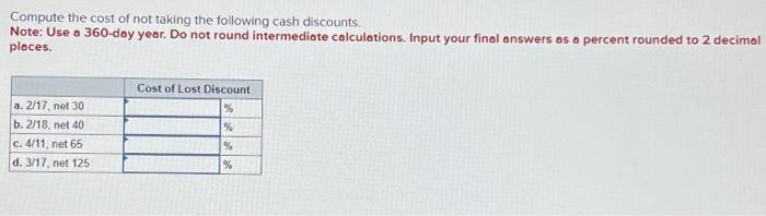 Solved Compute the cost of not taking the following cash | Chegg.com
