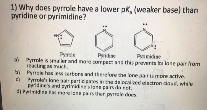 Solved 1) Why does pyrrole have a lower pk, (weaker base) | Chegg.com
