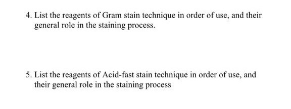 Solved 4. List the reagents of Gram stain technique in order | Chegg.com