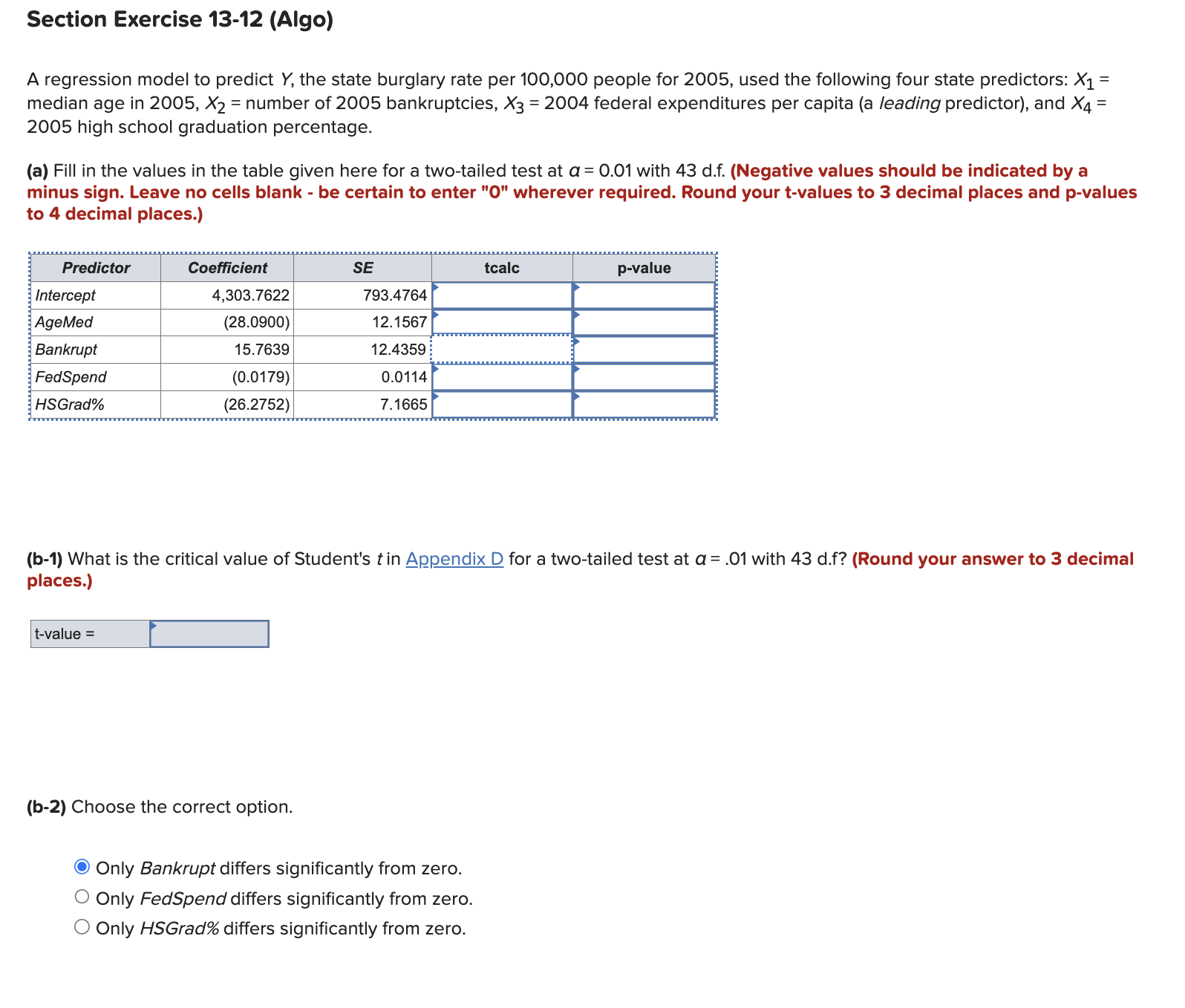 Solved Section Exercise 13-12 (Algo)A regression model to | Chegg.com