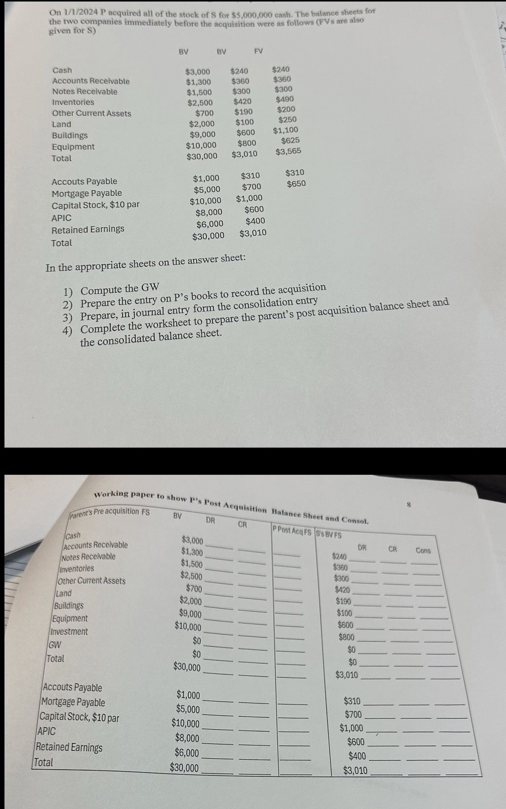 Solved Working paper to show P's Post Acquisition Balance | Chegg.com