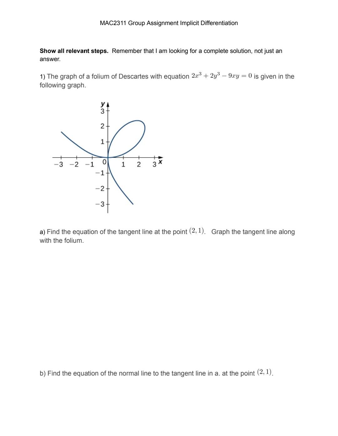 MAC2311 Group Assignment Implicit Differentiation | Chegg.com