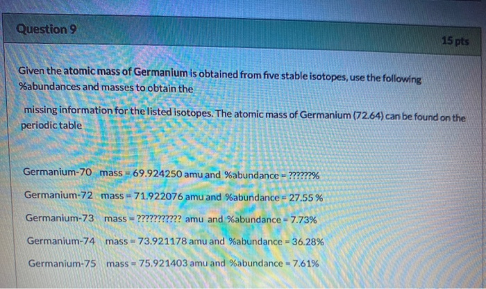 Solved Question 9 15 pts Given the atomic mass of Germanium | Chegg.com