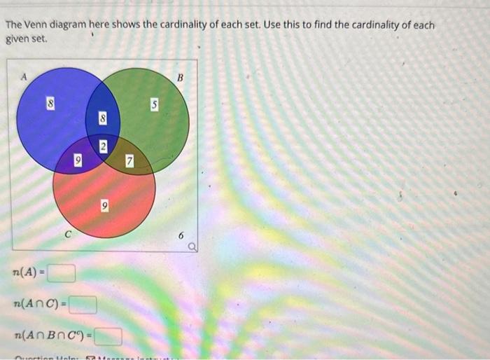 Solved The Venn diagram here shows the cardinality of each | Chegg.com