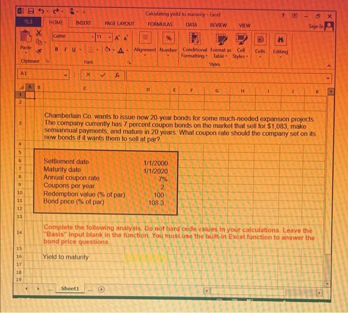 Solved 3. ? 5 x SILE Calculating yield to maturity - Excel | Chegg.com
