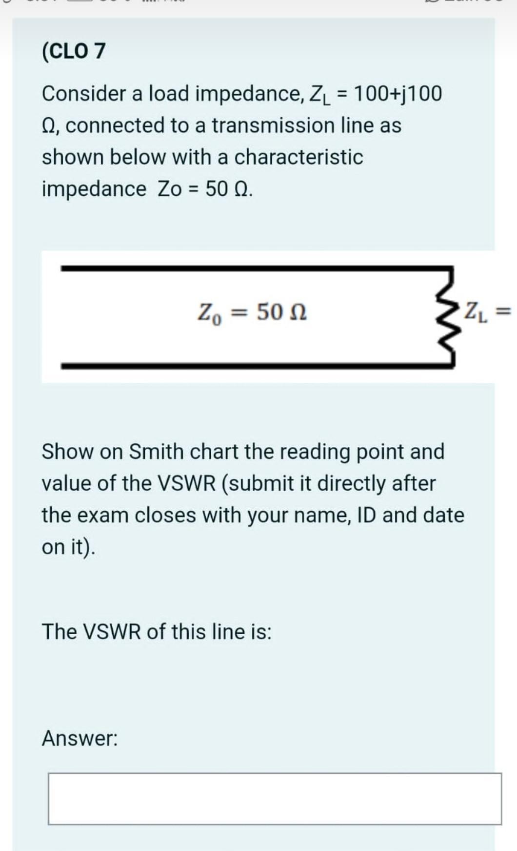 Solved (CLO 7 Consider a load impedance, ZL = 100+j100 , | Chegg.com