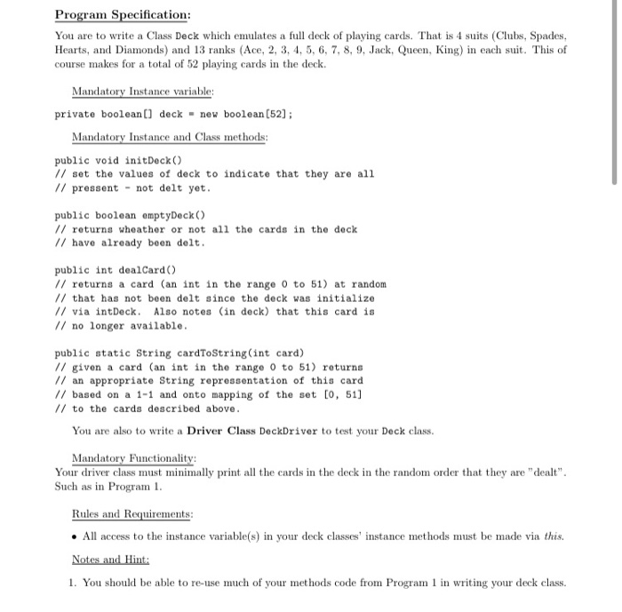Program Specification: You are to write a Class Deck | Chegg.com