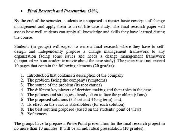 Final Research and Presentation (30%) By the end of | Chegg.com