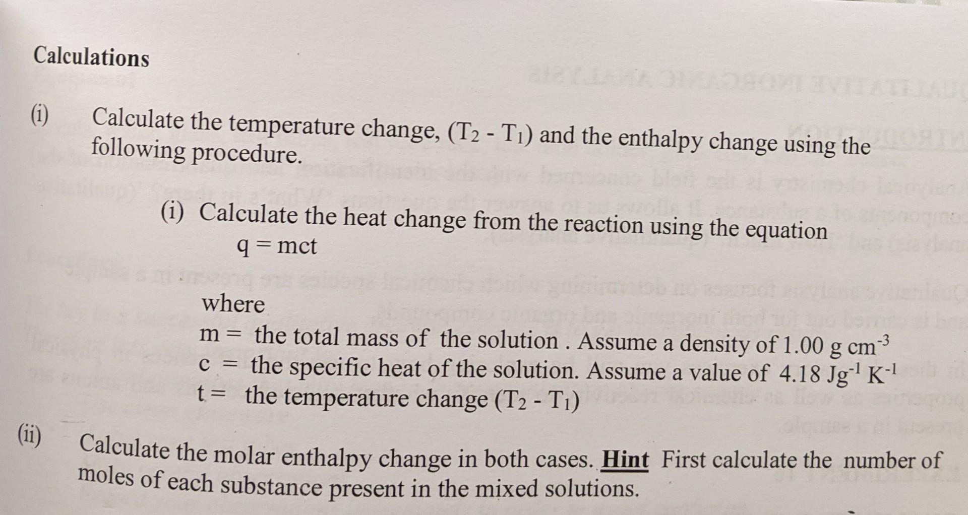 Solved Calculations (1) Calculate the temperature change, | Chegg.com