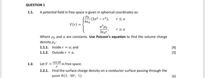 Solved 1.1. A potential field in free space is given in | Chegg.com